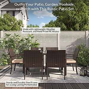 BELLEZE Rattan Patio Set 7 Piece, Slatted Wicker Dining Table and Chairs, Outdoor Furniture with Umbrella Cutout, Removable Cushions for Porch - Mariel (Brown)