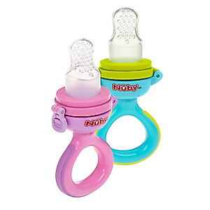 Nuby Baby’s First Food Dispenser with Hygienic Cover | Baby’s First Soft Foods and Teething | 2 Pack: Aqua & Blue or Pink & Aqua | Twist n' Feed | Promotes Self Feeding |10+ Months