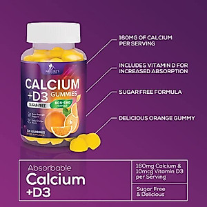 Sugar Free Calcium Gummy Bites Plus 400 IU Vitamin D3, Bone Health & Immune Support - Chewable Calcium Nutrition Supplement, Non-GMO, Orange Flavor Chews - 120 Gummies