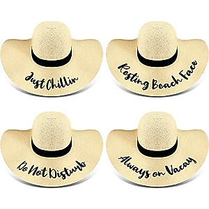 4 Pcs Women Beach Hats Floppy Foldable Straw Hat Embroidered Summer Wide Brim Hats for Travel Summer Vacation (Beige, Classic Style)