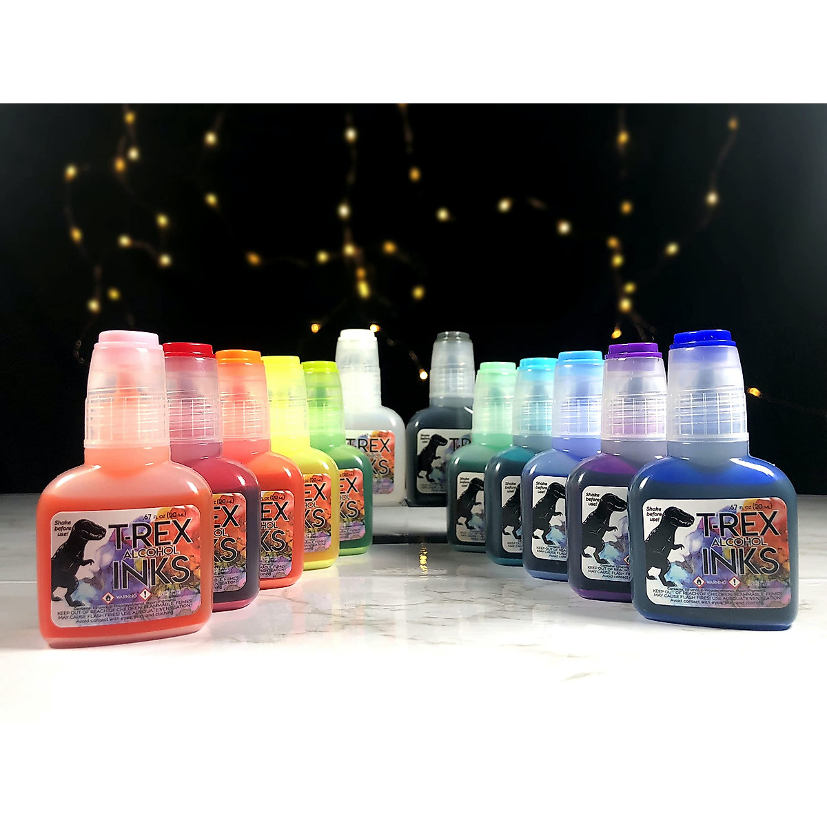 T-Rex Inks Starlight Shimmer Sparkling Alcohol Ink 12 Bottle Set - Glitter Alcohol Ink for Epoxy Resin Dye, Painting, Tumbler Making & More - Includes Shimmering Clear Blender - 20ml Bottles