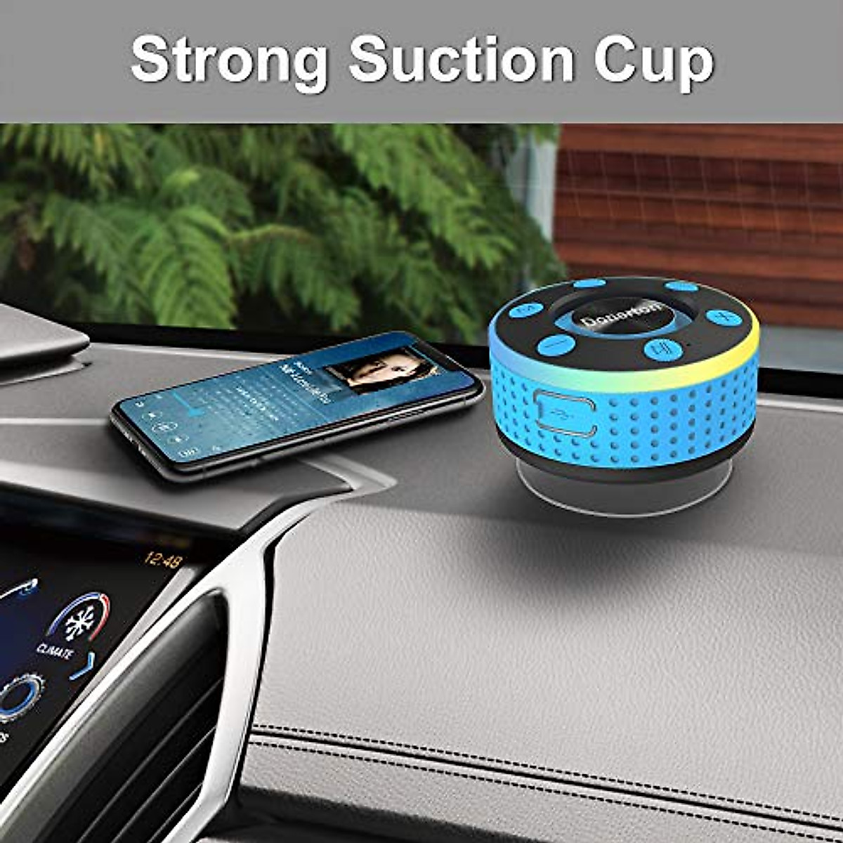 Donerton Bluetooth Shower Speaker, IPX-7 Waterproof Wireless Speakers HD Sound Stereo, Portable Speaker, LED Light Mini Speakers with Suction Cup, Radio, Pairing Mode, Built-in Mic, Handsfree, Blue