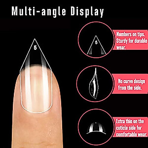 NOVO OVO 500 pcs Short Stiletto Full Cover French Manicure Nail Tips, Extra Sharp Arrow Head Mountain Peak Edge Pointy Eagle Cat Claw Fishbone Clear False Fake Nails Extension for Acrylic 10 Sizes