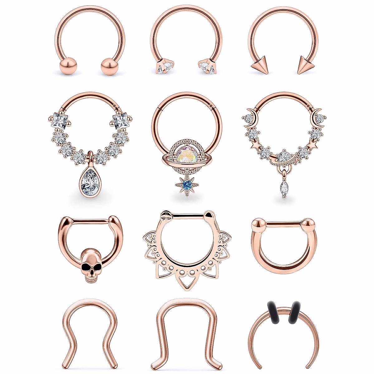 Vsnnsns 16G Septum Jewelry Septum Ring Piercing Jewelry Septum Clicker Ring and Horseshoe Barbell Stainless Steel Septum Nose Rings Hoop for Men Women Rose Gold 10mm 12pcs