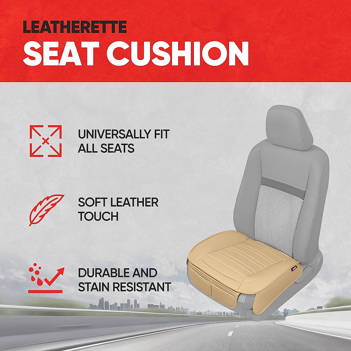Motor Trend Seat Covers for Cars Trucks SUV, Faux Leather Beige Padded Seat Covers with Storage Pockets, Premium Interior Car Seat Cover, 2 x Front Seat Covers