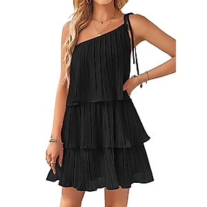 ZESICA Women's Boho Summer One Shoulder Sleeveless Ruffle Tiered Layered Chiffon Pleated A Line Flowy Mini Dress,Black,Medium