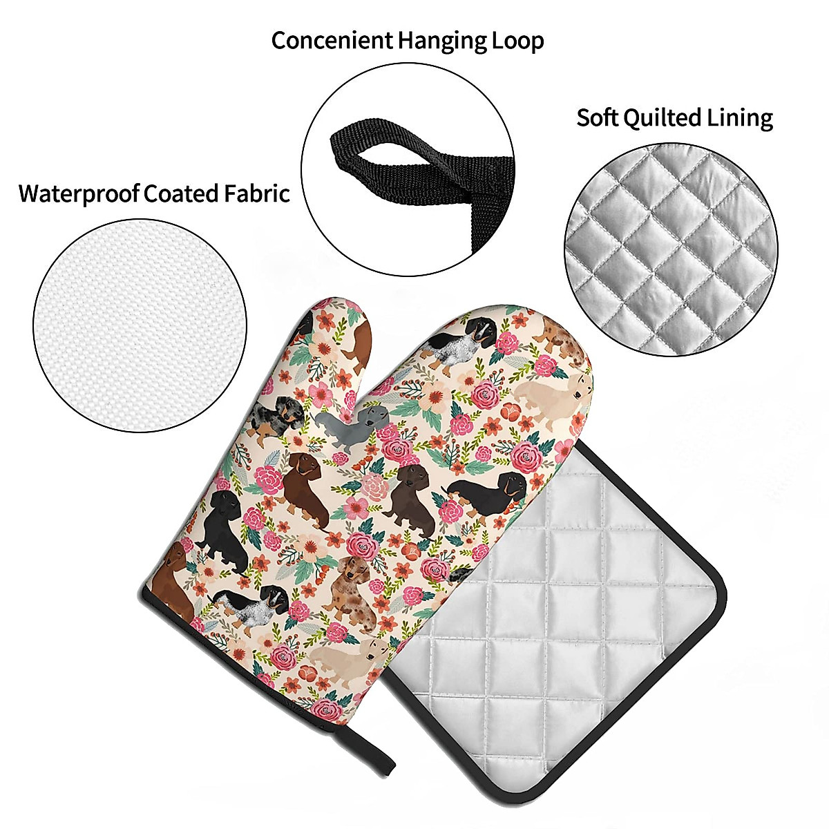 Hitamus Floral Dachshunds Oven Mitts and Pot Holders Sets, Heat Resistant Kitchen Microwave Gloves Non-Slip Pot Pads for Grilling Baking Cooking BBQ (Set of 2)