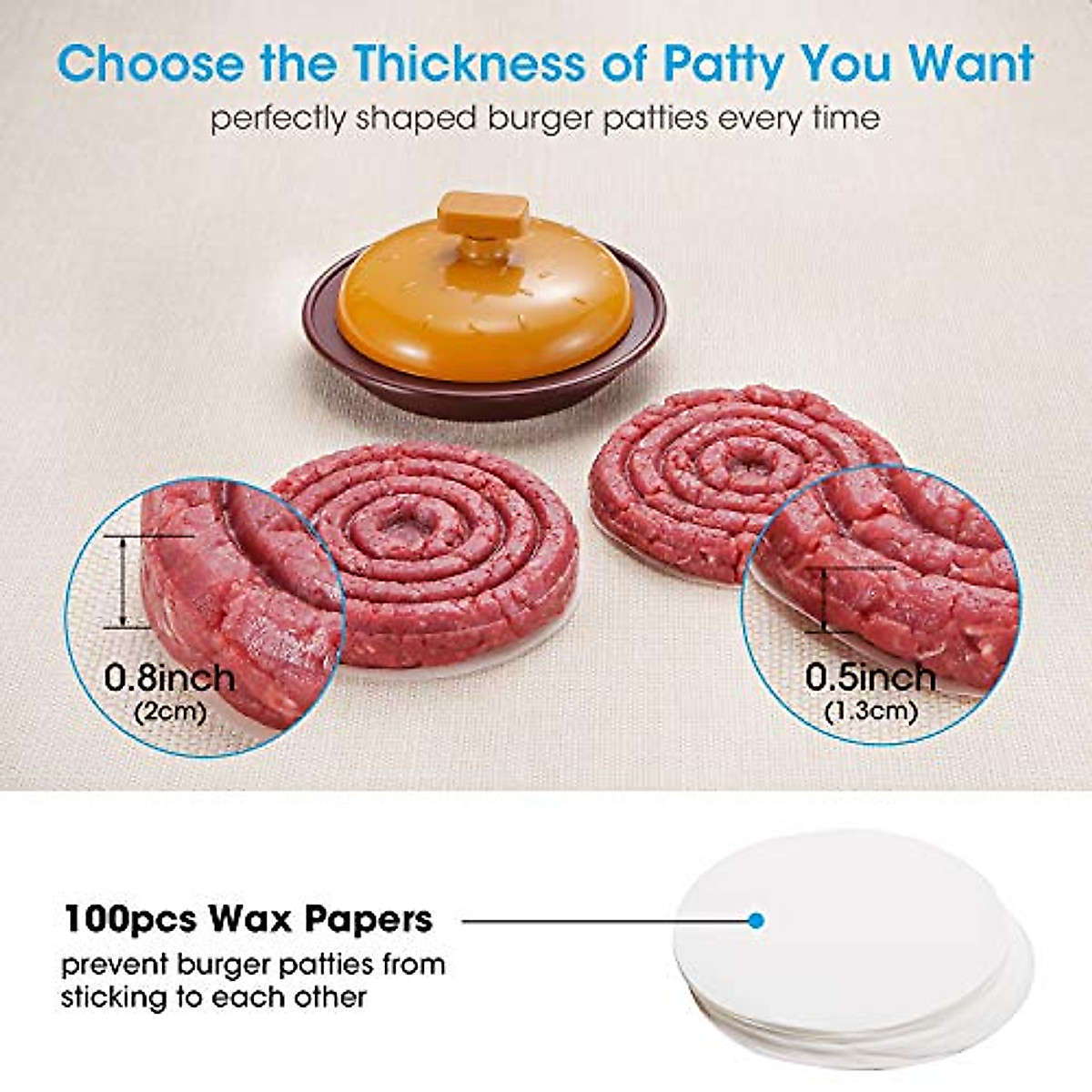 Unicook Burger Press, Non-Stick Hamburger Patty Maker Press with 100 Wax Patty Papers, Making ¼ to ½ Pound Professional Stuffed Burgers Patties, Perfect for Kitchen, BBQ and Grilling