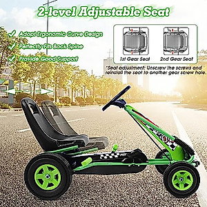 HONEY JOY Go Kart for Kids, 4 Wheel Quad Off-Road Pedal On Foot Go Cart w/Steering Wheels & Adjustable Seat, 2 Safety Brakes, EVA Rubber Tires, Clutch, Outdoor Racer Ride On Pedal Car (Green)