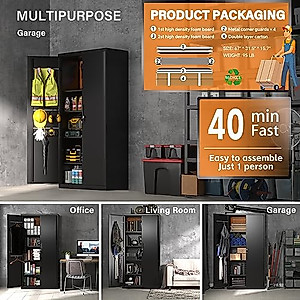 Metal Storage Cabinet - 72-Inch Black Lockable Garage Cabinet with Doors