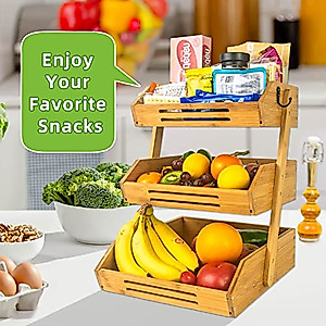 SINBDLAI Bamboo Fruit Basket, 3 Tier Fruit Basket for Kitchen Counter, Fruit Bowl for Kitchen Counter, Fruit and Vegetable Storage with 2 Banana Hangers