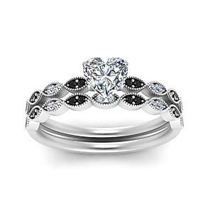 JewelryGift Antique Delicate Wedding Ring Set Sterling Silver Natural Black Onyx Heart Shape Black Color Halo Engagement Rings Pave Setting in Size 10 Handcraft Chakra Healing