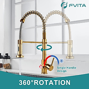 FVITA Polished Gold Kitchen Faucet with Pull Down Sprayer,Lead-Free Solid Brass 16.1'' Kitchen Sink Faucet Single Handle Spring Swan Neck Faucet High Arc Single Hole Faucet for Kitchen Sink