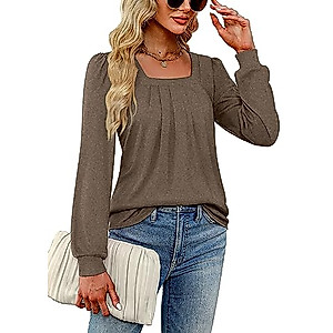 Funlingo Long Sleeve Shirts for Women Trendy Casual Tops Solid Color Elegant Business Blouses Coffee L