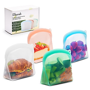 Elkanah Stand Up Food Grade Silicone Reusable Storage Bag Quart 42fl oz Freezer Bags Silicone for Food Storage -Leakproof, Microwave, Oven, Sous Vide & Dishwasher safe