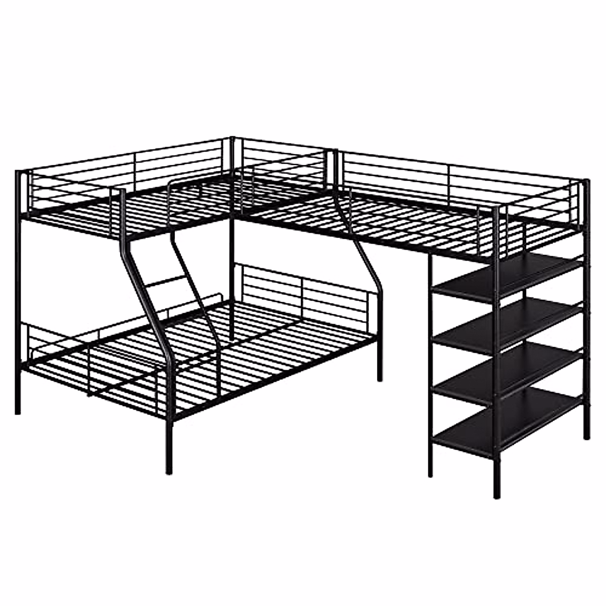 RORIGAT L-Shaped Twin Over Full Bunk Bed，Twin Size Loft Bed Full-Length Guard Rails，Triple Bunk Bed with Four Built-in Shelves and One Ladder for Bedroom, Dorm, Boys, Girls, Adults,Black