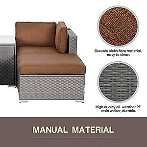 SOLAURA 5-Piece Outdoor Patio Furniture Set, PE Rattan Wicker Chair Sectional Sofa Set with YKK Zipper and Glass Coffee Table - Brown