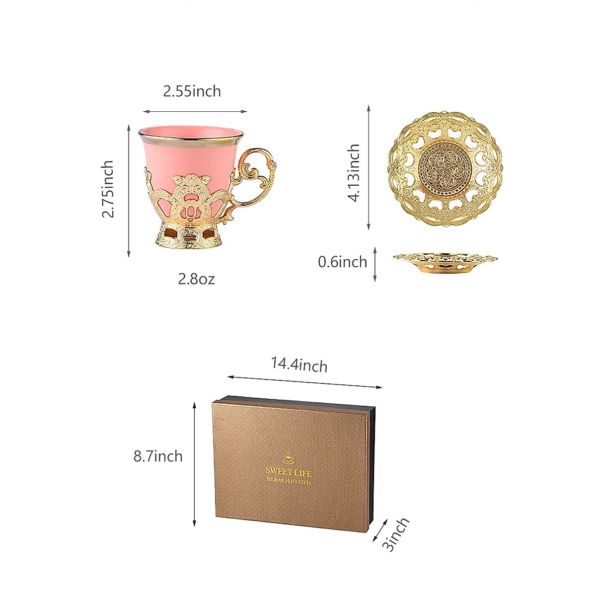 CMDHY Espresso Turkish Coffee Cups and Saucers for Women Tea Cups Set of 6 with Gift Box 2.8 Ounces (White-Golden)