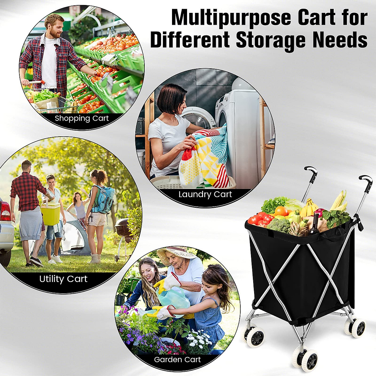 Safstar Folding Shopping Cart, Lightweight Grocery Cart with Dual Wheels & Removable Bag, Portable Utility Cart for for Market Shopping, Laundry Grocery, Picnic, Holds up to 24 Gal/120 LBS (Black)