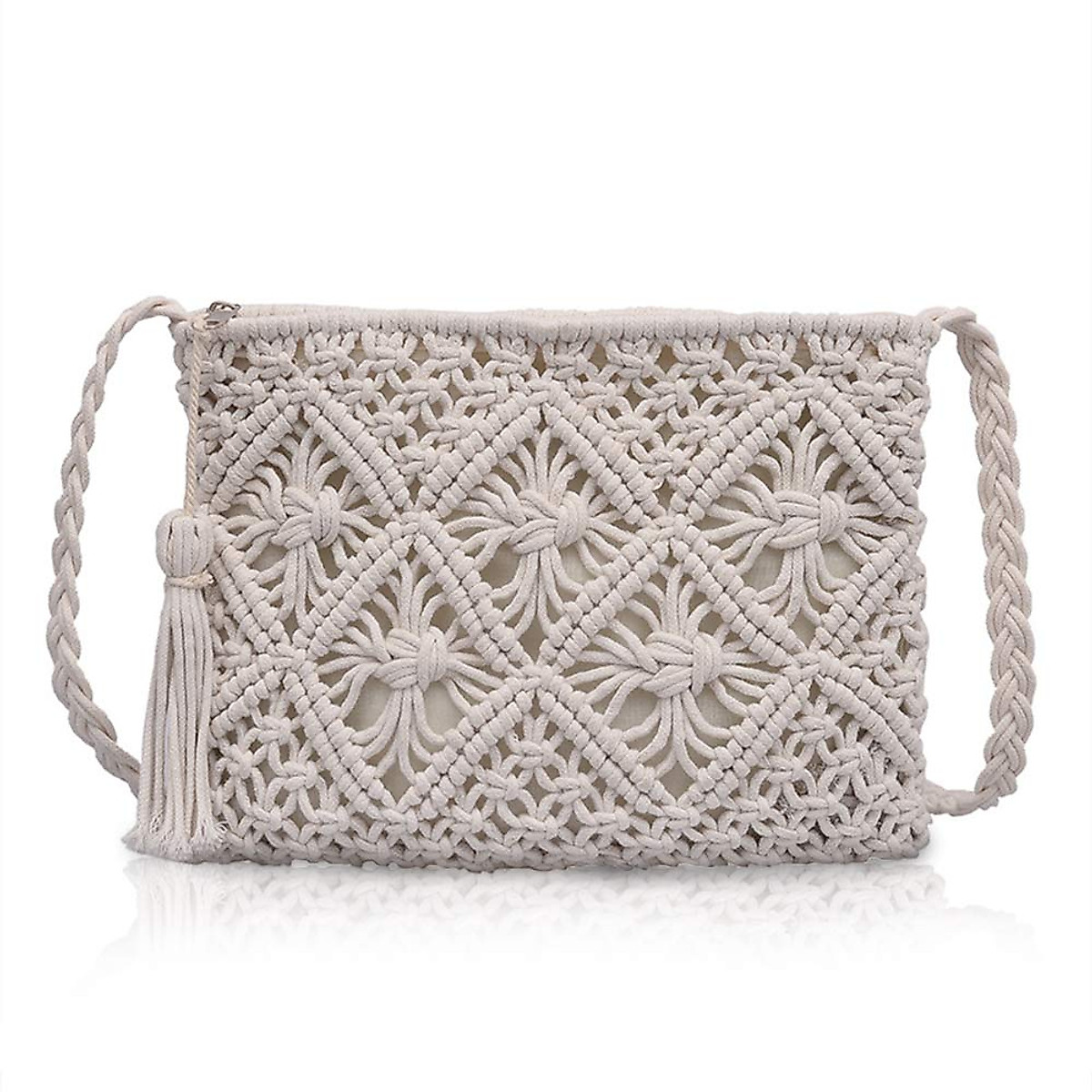 QTKJ Women's Summer Beach Straw Crochet Clutch Bag Shoulder Bag Crossbody Bag Woven Envelope Tassel Bag with Zipper (White)