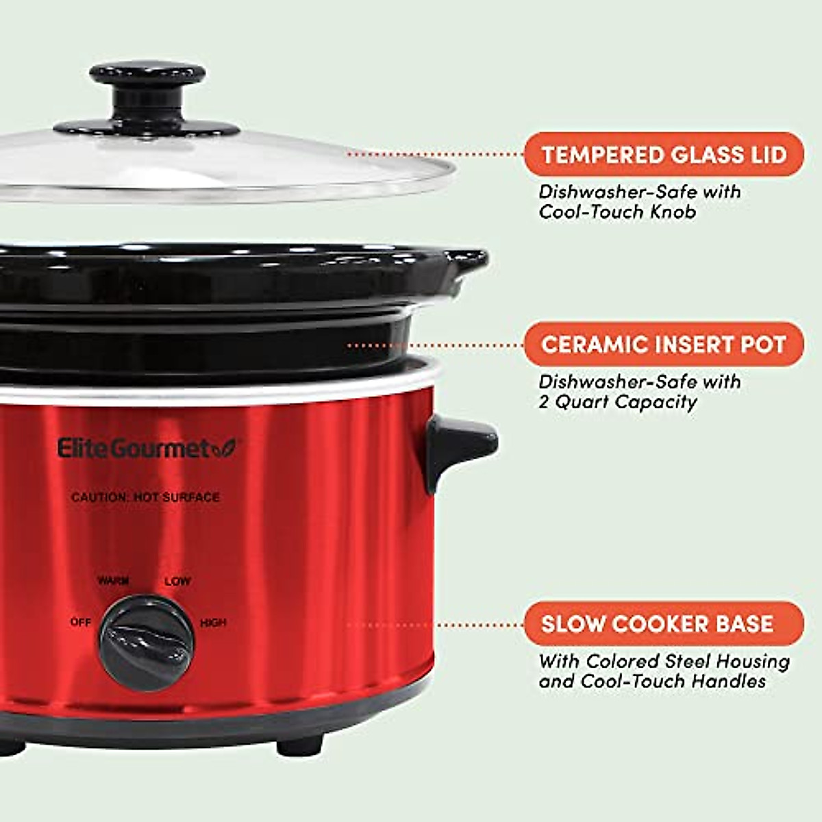 Elite Gourmet MST-275XR# Electric Oval Slow Cooker, Adjustable Temp, Entrees, Sauces, Stews & Dips, Dishwasher Safe Glass Lid & Crock (2 Quart, Red)