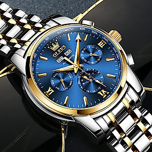 OLEVS Automatic Men Watch Self Winding Mechanical Luxury Dress Moon Phase Stainless Steel Blue Face Waterproof Luminous Calendar Wrist Watch