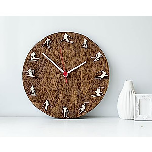 Skiing clock 10" diameter, Wood clock with Skiers, Winter sport home decor