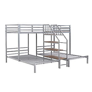 Bellemave Triple Bunk Bed with Storage Stairs Twin Over Two Twin Bunk Beds Metal Bunk Bed for 3 Kids with Storage Shelf for Three Boys Girls Teens, Silver