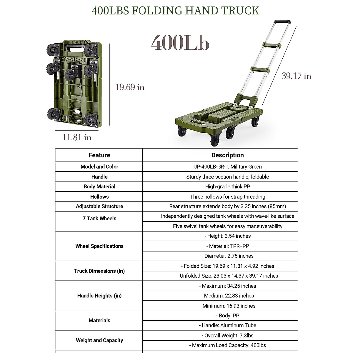 UPWOIGH Folding Hand Truck,400 lb Heavy Duty Cart,Multifunctional Hand Cart,Green Portable Folding Luggage Cart with 7 Tank Wheels and 2 Bungee Cords,Ideal for Moving, Traveling,Shopping and Camping