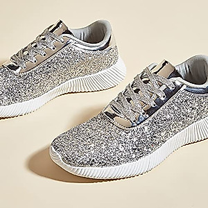 BELOS Women's Glitter Shoes Sparkly Lightweight Metallic Sequins Tennis Shoes(8.5B(M) US, Silver)