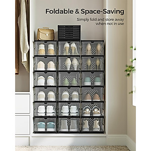SONGMICS Foldable Shoe Boxes, Pack of 18 Stackable Shoe Storage Organizer, Set of 3 Integraed Shoe Cabinets, Portable, Fit up to US Size 13, 60s Assembly, Transparent and Ink Black ULSP207B01