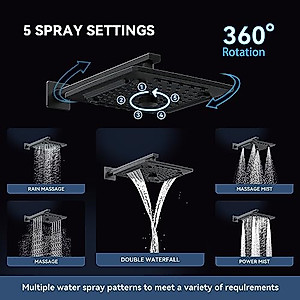 ELLO&ALLO Matte Black Bathroom Shower Faucet Set with Valve, Rainfall Shower Head with Handheld Combo