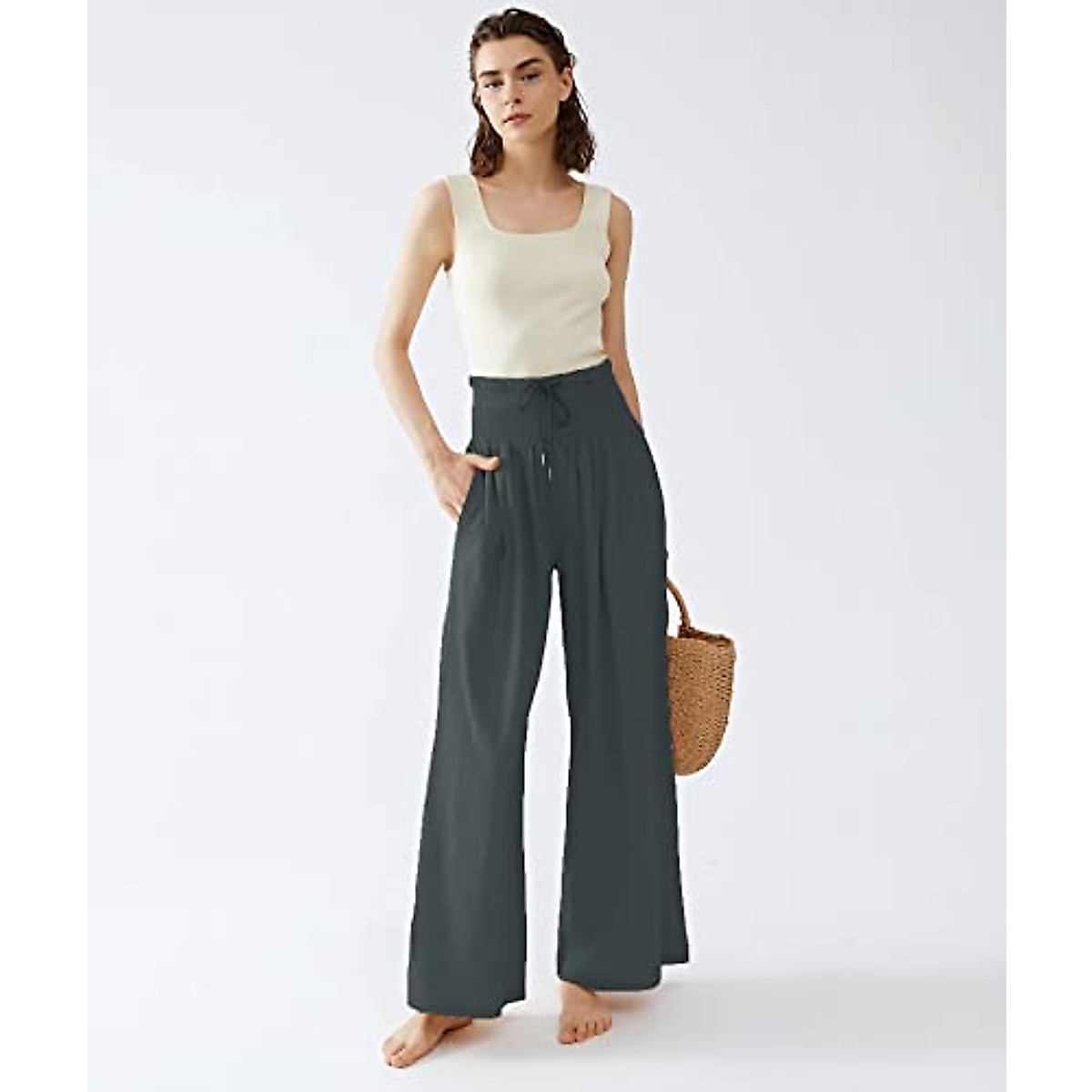 Linen Pants for Women, Summer Drawstring High Waist with Pockets Cotton Linen Palazzo Pants Beach Wide Leg Pant Trousers
