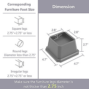 Napnapday Bed Risers 2 Inch Heavy Duty Bed Furniture Elevators, 1,500 lbs Lifts Up Riser for Sofa and Table Set of 4, Grey