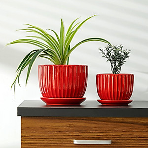 Ton Sin Ceramic Plant Pots - 4/5/6 Inch Red Planters Set of 3 with Drainage Holes and Saucer - Indoor Flower Pots for Plants Ceramic Planters for Indoor Gardening Succulent Pots