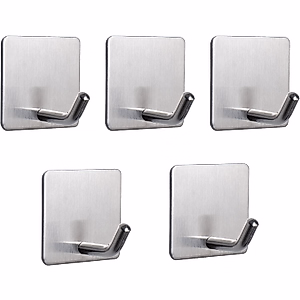 GOANDO 5 Pack Adhesive Hooks Heavy Duty Wall Hook Towel Hooks and Coat Hooks Stick on Cabinet Doors Stainless Steel Waterproof Self Adhesive Holders Kitchen