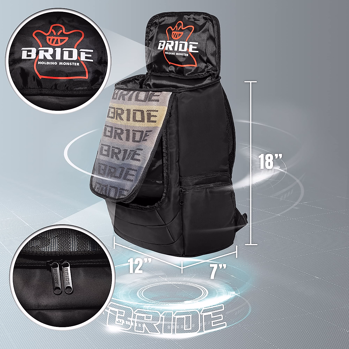 JDM LAB Spec R Bride Racing Fabric Large Capacity Everyday Backpack, Laptop Compartment, Water-Resistant, Casual Bookbag (Gradation/Black)