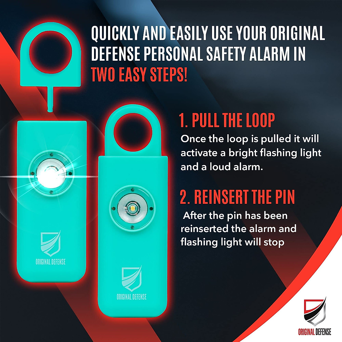 Original Defense® Siren Self-Defense Alarm (Mint) - 130 dB Keychain Alarm with LED Strobe Light for Women, Children, and Elderly - Police Recommended