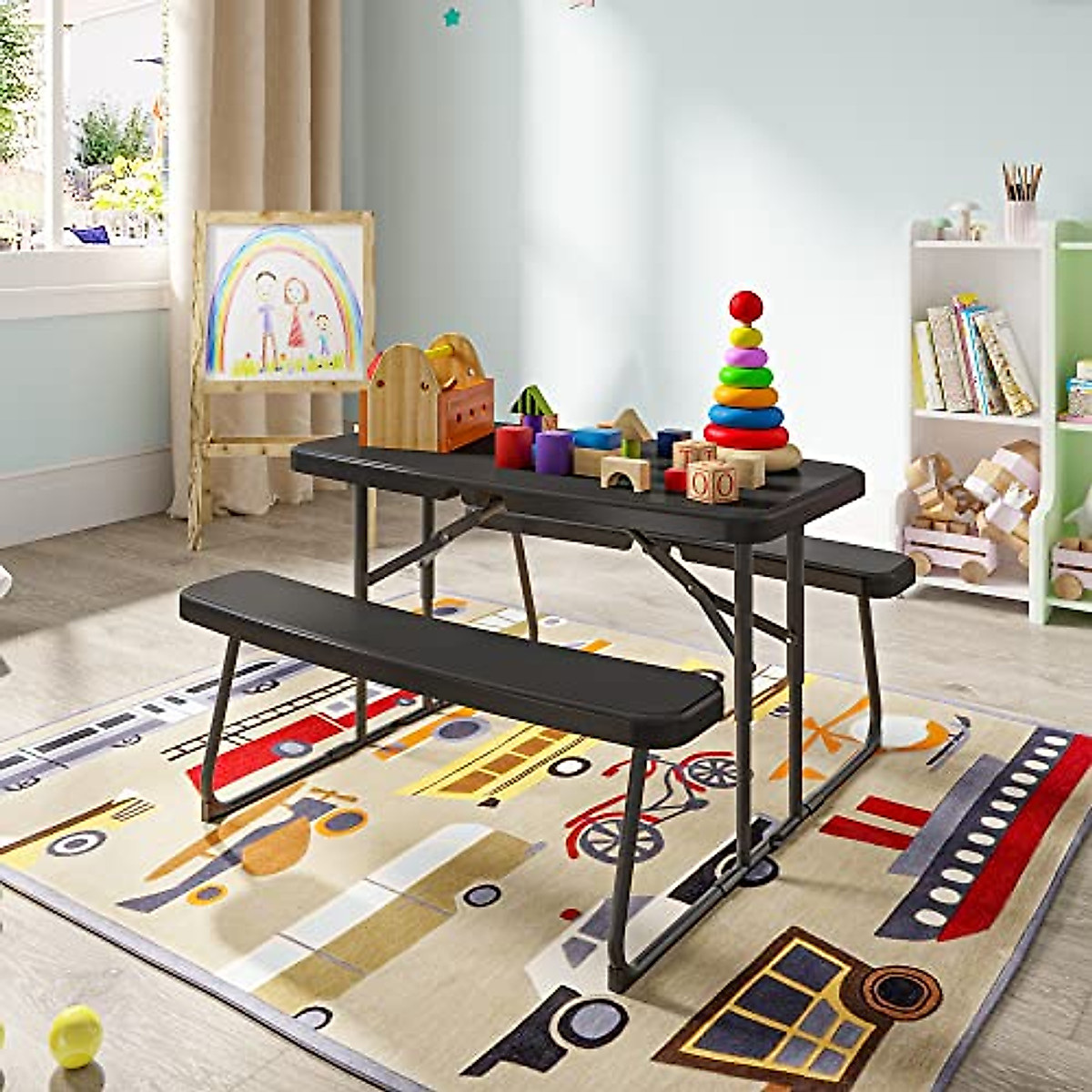 DWVO 37" Picnic Table, Folding Picnic Tables for Outdoors with Weather Resistant Resin Tabletop & Stable Steel Frame for Yard Patio Lawn Party, Black