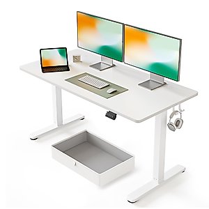 FEZIBO 55 x 24 Inches Standing Desk with Drawer, Adjustable Height Electric Stand up Desk with Storage, Sit Stand Home Office Desk, Ergonomic Computer Desk, White