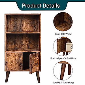 Wonder Comfort Wood 3-Tier Bookshelf with 1 Door and 2 Open Shelves, Mid-Century Rustic Brown Bookcase for Books and Decorations in Living Room Office Bedroom,24 W x 12 D x 47 H Inch