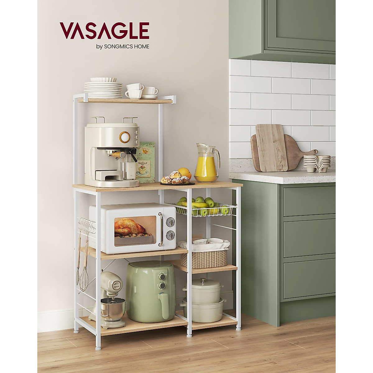 VASAGLE Baker's Rack, Microwave Stand, Kitchen Storage Rack with Wire Basket, 6 Hooks, and Shelves, for Spices, Pots, and Pans, Golden Oak and Cloud White UKKS035W09