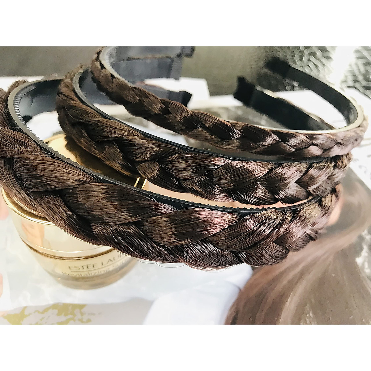 MeeTHan 3 PCS Headband Synthetic Hair Plaited Headband Braid Braided With Teeth Hair Band Accessories for Women Girl Wide 1 / 1.5 / 2.0 CM : H7 (Brown-SML)