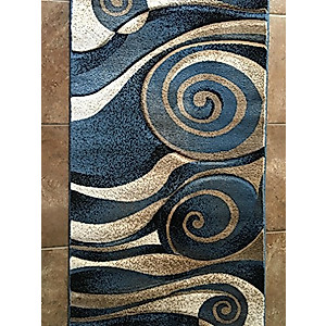 Nikos Modern Wide Runner Area Rug Blue Sculpture Design 258 (32in.X7ft.)