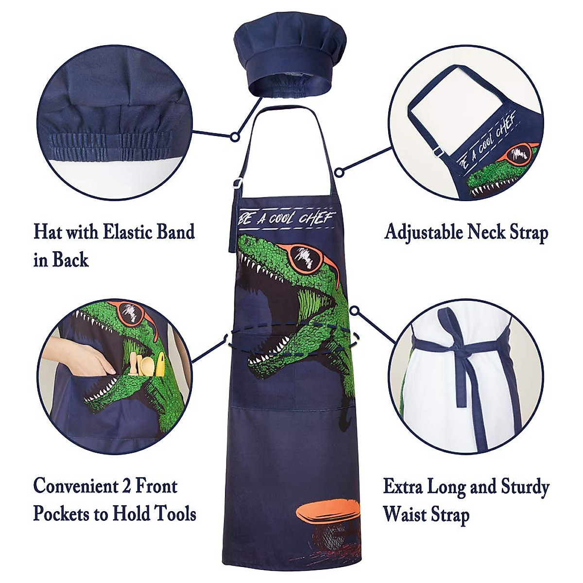 MHJY Kids Apron and Chef Hat for Boys Dinosaur Child Aprons with Pockets,Adjustable Child Apron for Cooking Baking Painting,Dark Blue,Small (3-7 Years)