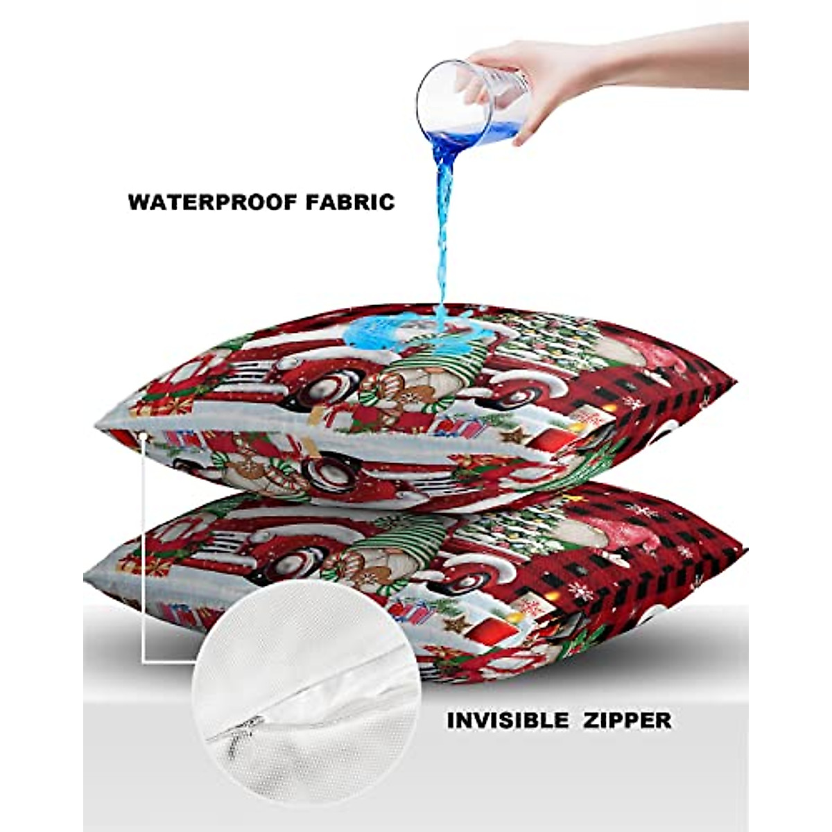 Christmas Outdoor Pillow Cover 16x16 Inch Cushion Sham Case,Red Plaid Gnome Truck Winter Snowflake Xmas Tree Waterproof Decorative Square Throw Pillowcase for Garden Patio Porch Couch Chair Tent