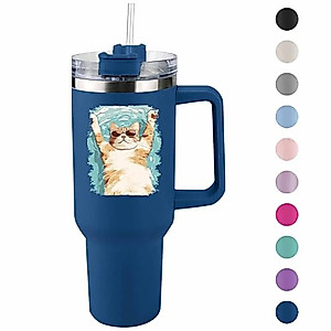 LB LEOBON 40 ounce insulated cup with handle, double-layer vacuum stainless steel material, equipped with straw, can keep warm or maintain cold drinks Leisure Cats Art Cowboy Blue