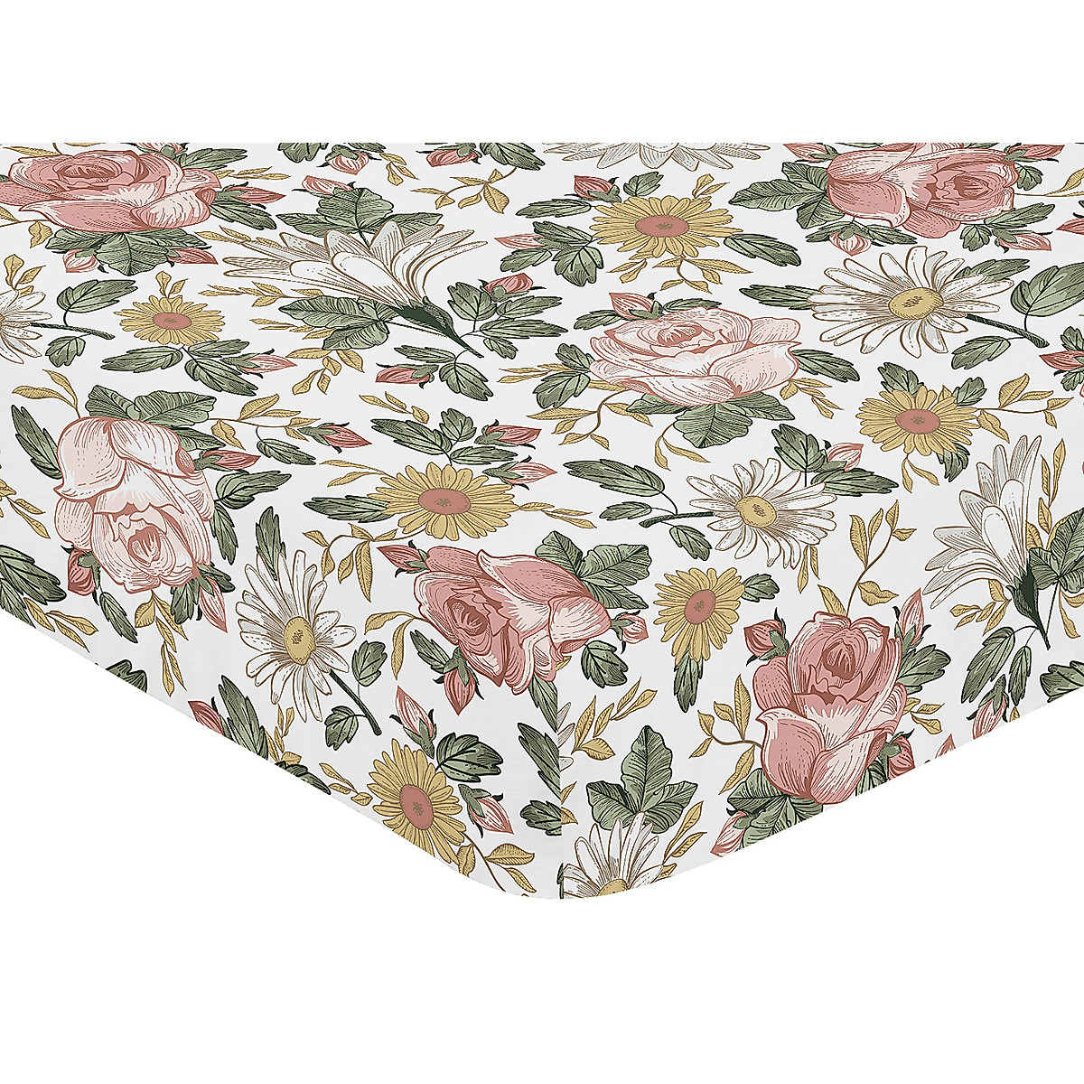 Sweet Jojo Designs Vintage Floral Boho Girl Cotton Fitted Crib Sheet Baby or Toddler Bed Nursery - Blush Pink, Yellow, Green and White Shabby Chic Rose Flower Farmhouse 100% Cotton