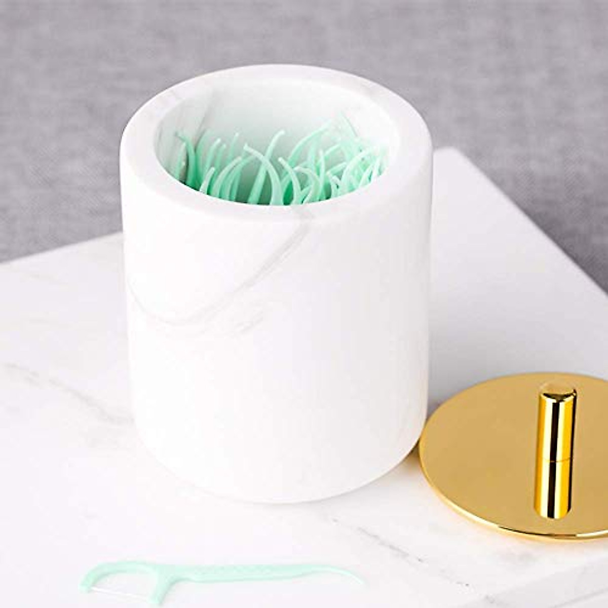 StonePlus Natural Marble Cosmetics Cotton Swab Ball Holder, Seasoning Box, Ring Storage Box with Lid (Gold White)