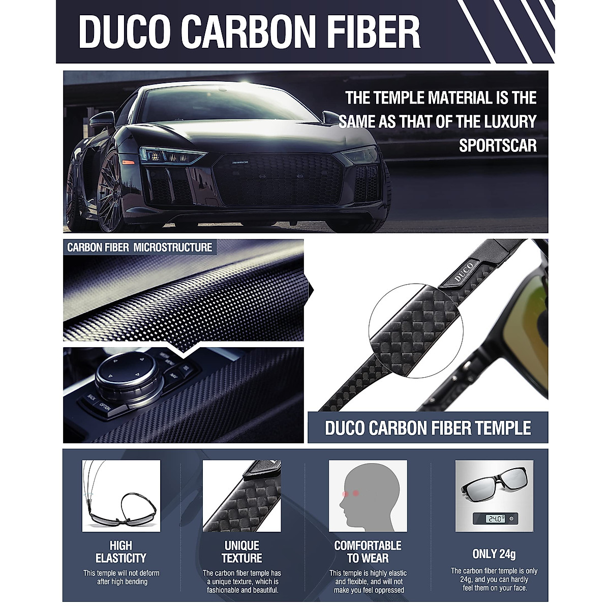 DUCO Square Polarized Sunglasses for Men LightWeight Carbon Fiber UV400 Protection Sun Glasses 8206